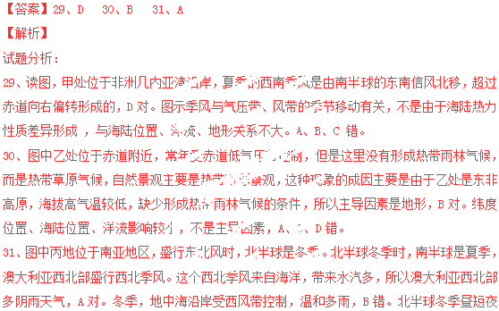 读世界季风的地理分布图 完成29 31题 29 与图中甲处季风现象的形成密切相关的地理因素是 A海陆位置 B洋流 C地形 D东南信风